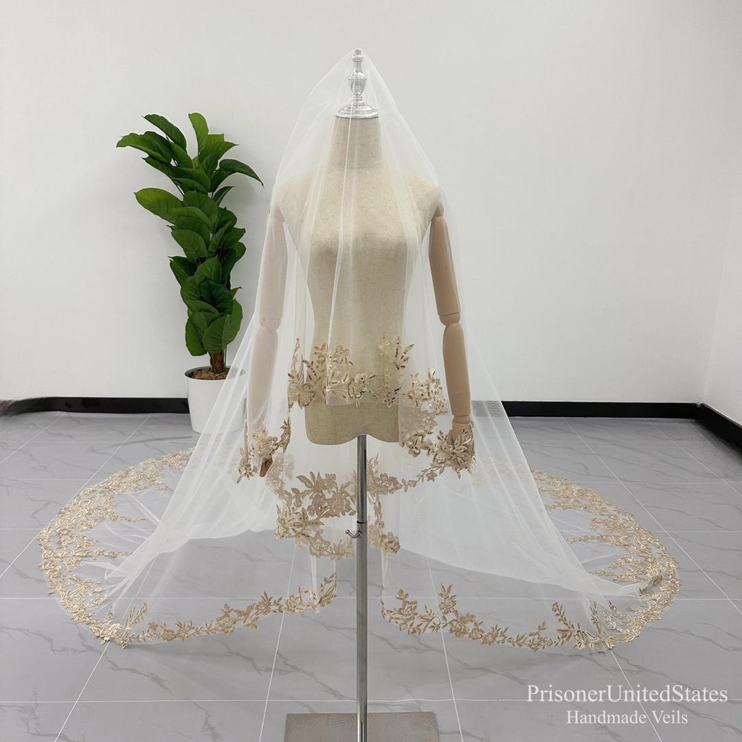Gold Lace Leaf Flower Blusher Veil, Sequined Lace Wedding Veil, 2-tier ...