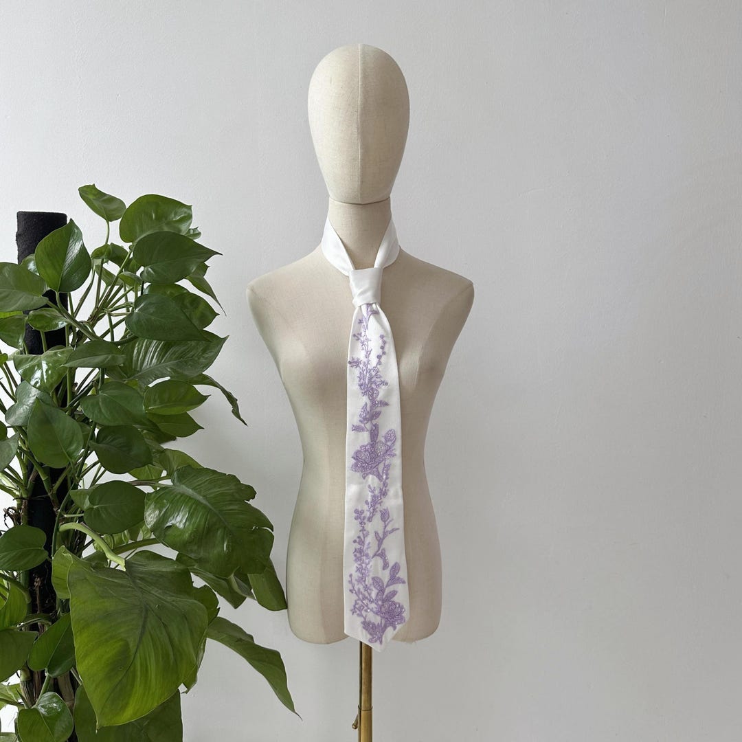 Sequined Beads Purple Lace Floral Groom Tie, Handmade Purple Floral Tie ...