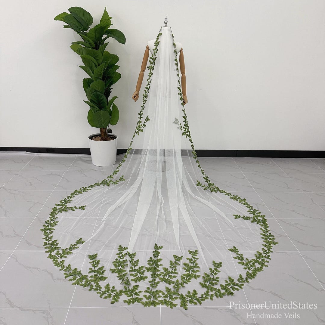 Green Leaf Lace Bridal Veil, Unique Embroidered Wedding Veil, Soft ...