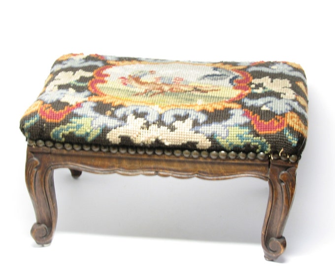 Vintage Wood Foot Stool With Cross Stitch, Metal Tacks - Black, Red ...