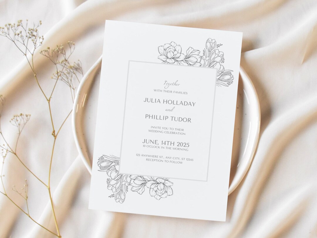 Fine Line Floral Wedding Invitation, Minimalist Black & White Floral ...