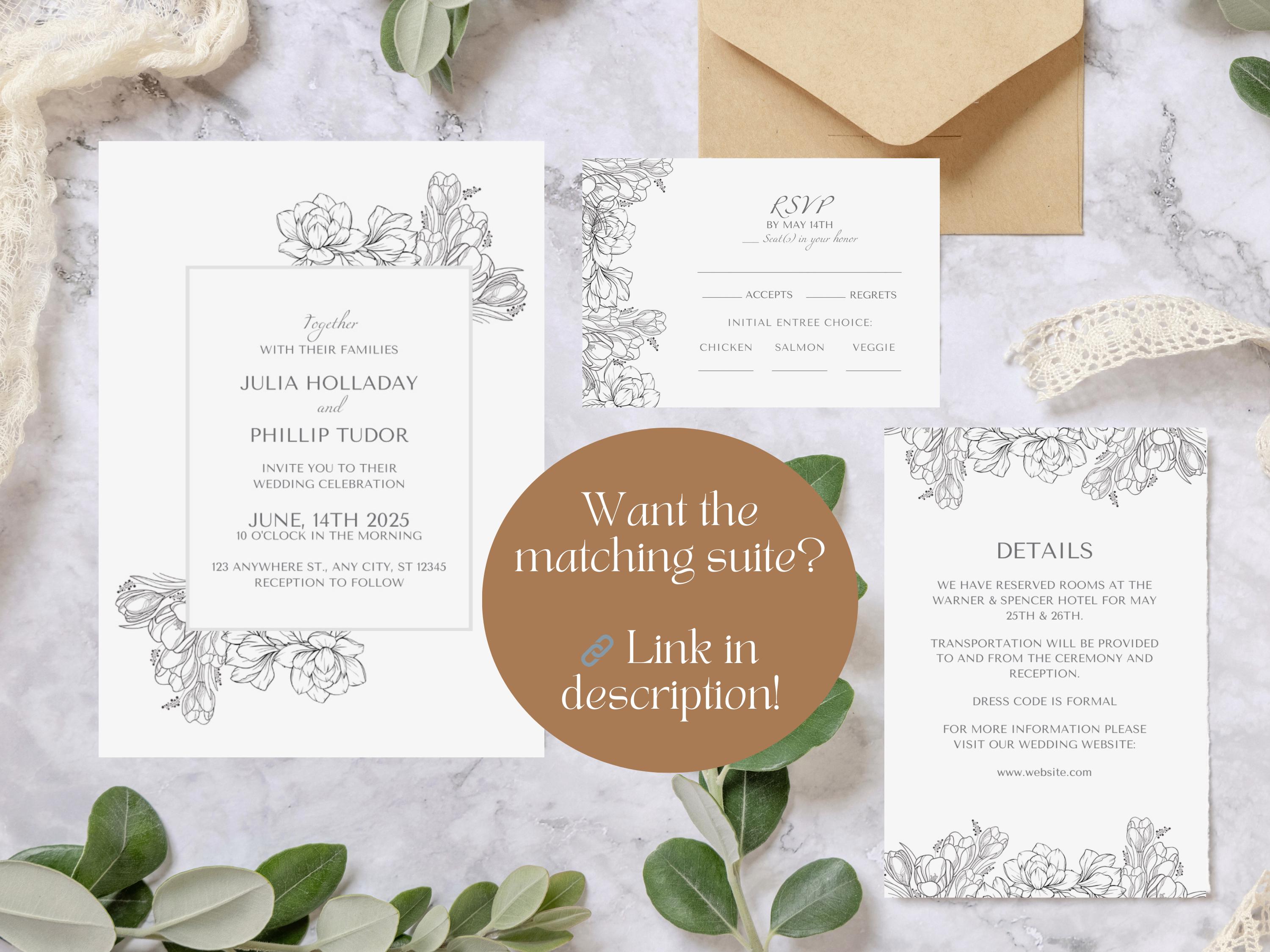 Fine Line Floral Wedding Invitation, Minimalist Black & White Floral ...