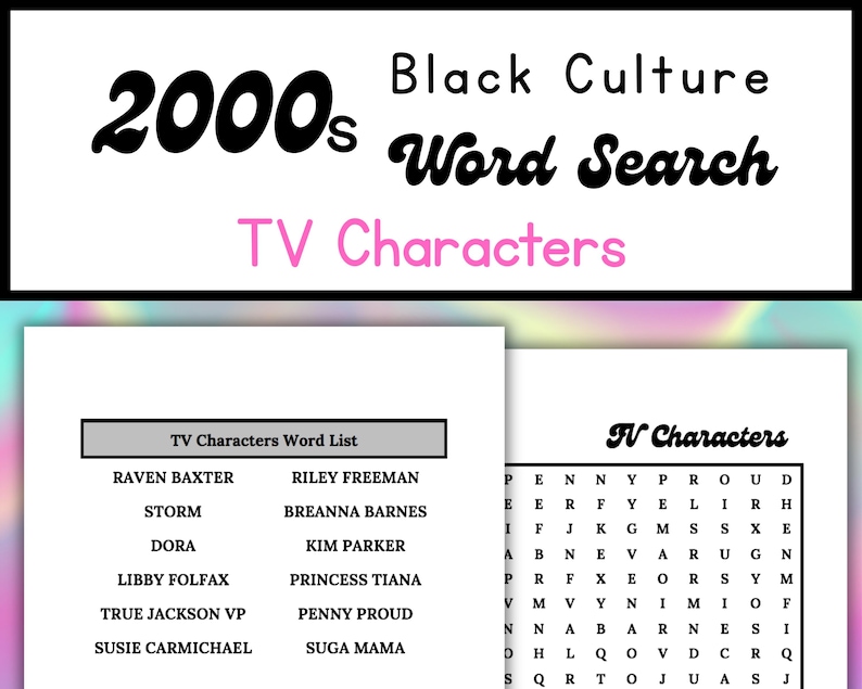Y2K Black Iconic TV Characters Word Search | 2000s Nostalgia Puzzle ...
