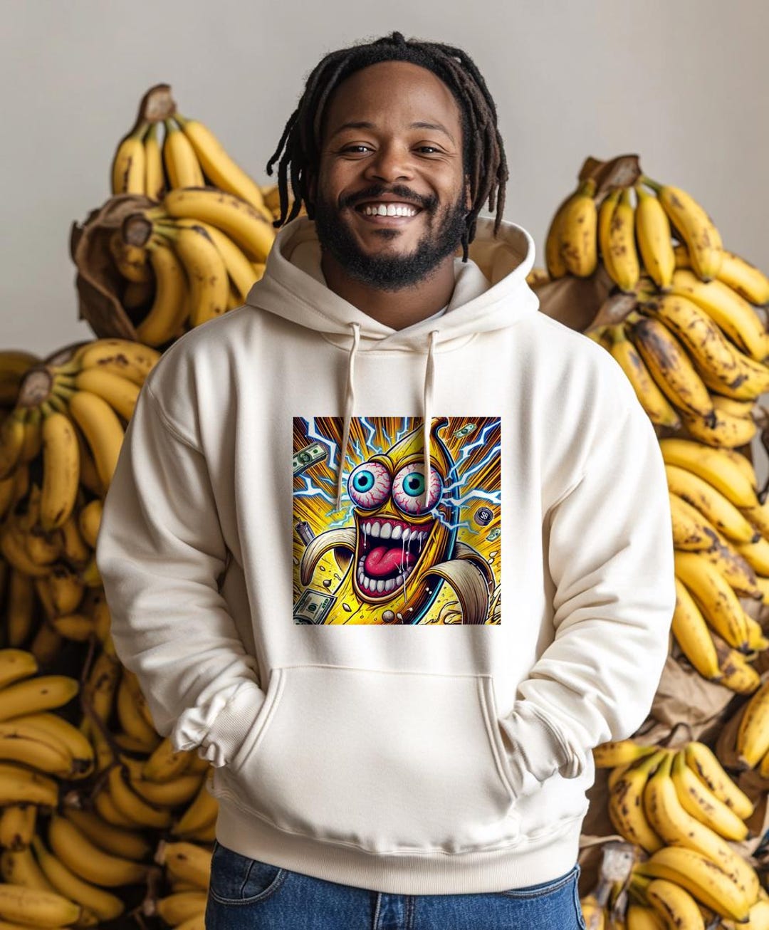Static Banana Craze, Banana, OOPS, Meme Coin, Funny Fruit Design Hooded Sweatshirt, Yellow ...