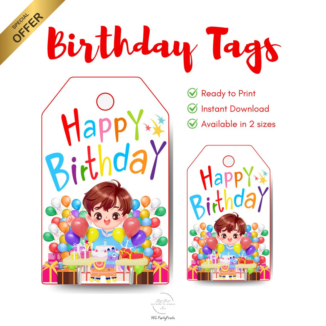 Colorful Birthday Gift Tags: Printable Party Favor Stickers (PDF ...