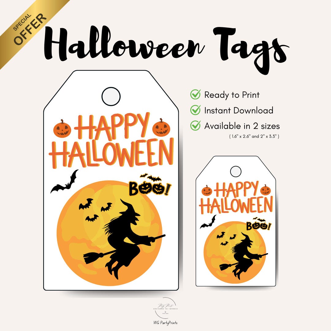 Printable Halloween Gift Tags: Spooky Witch, Ghost & Pumpkin (digital ...