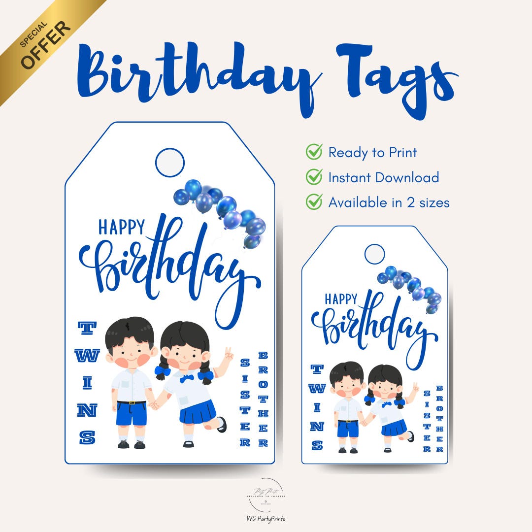 Twins Birthday Gift Tags: Brother Sister Party Favors (printable PDF ...