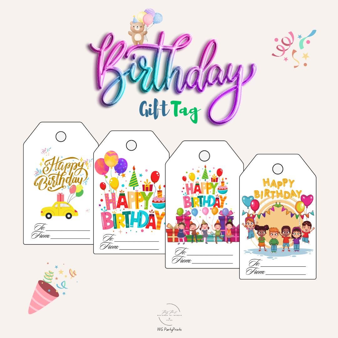Printable Birthday Gift Tags Bundle, Cute Birthday Party Favor Tags ...