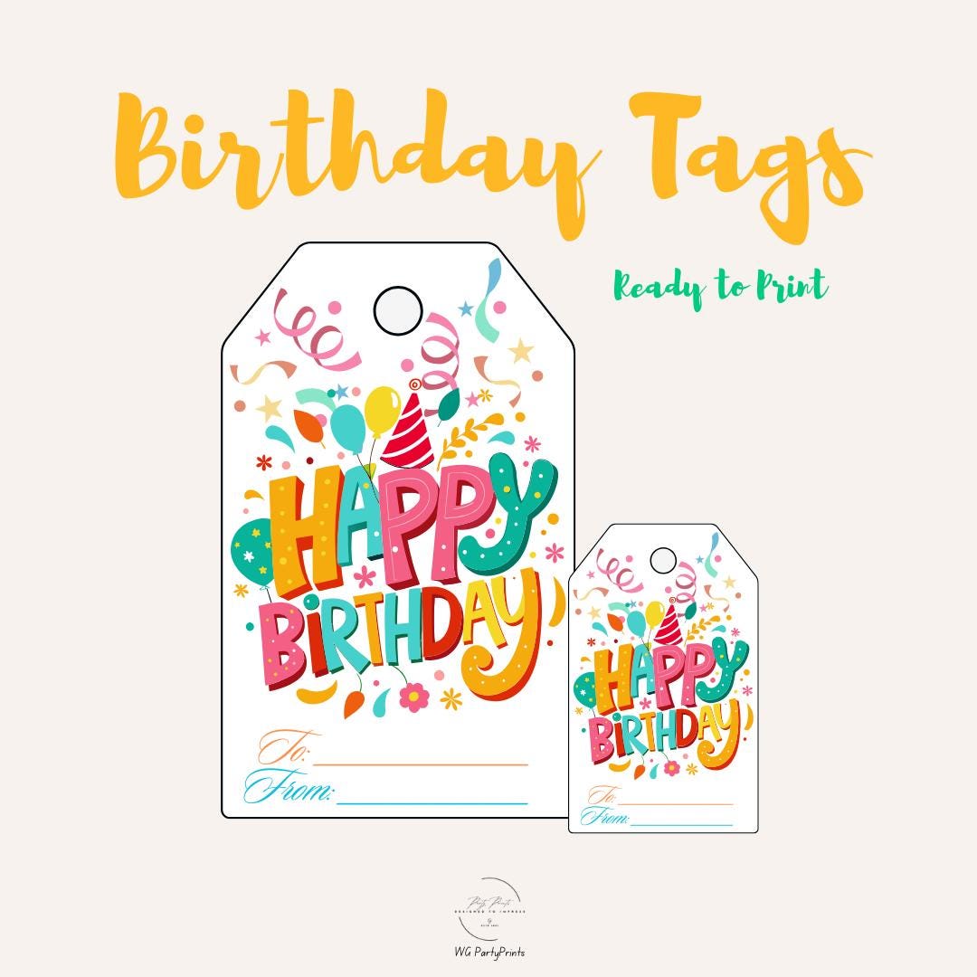 Colorful Birthday Gift Tags, Printable Party Favor Tags, Fun and ...