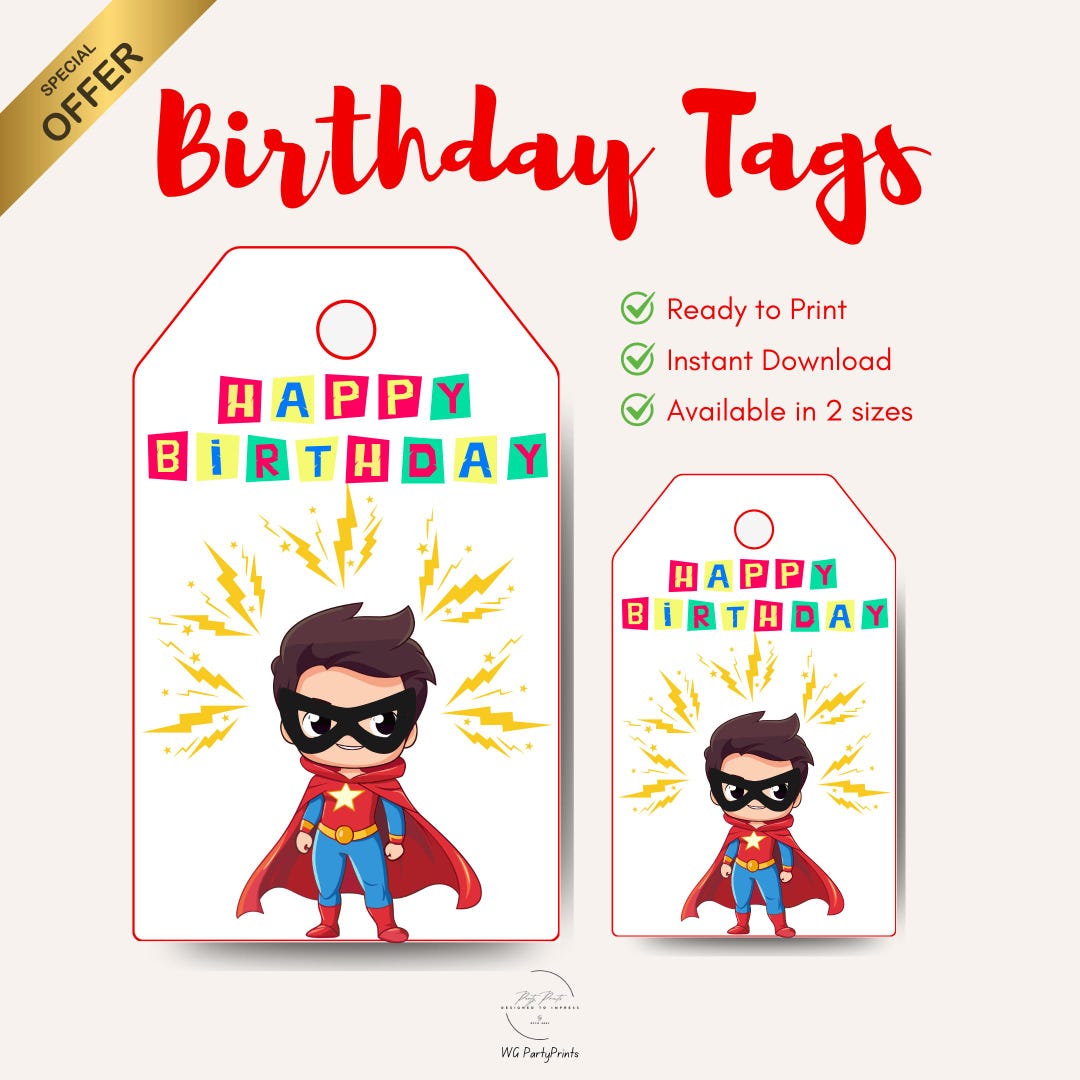 Super Hero Birthday Gift Tags: Printable Party Favor Labels (instant ...