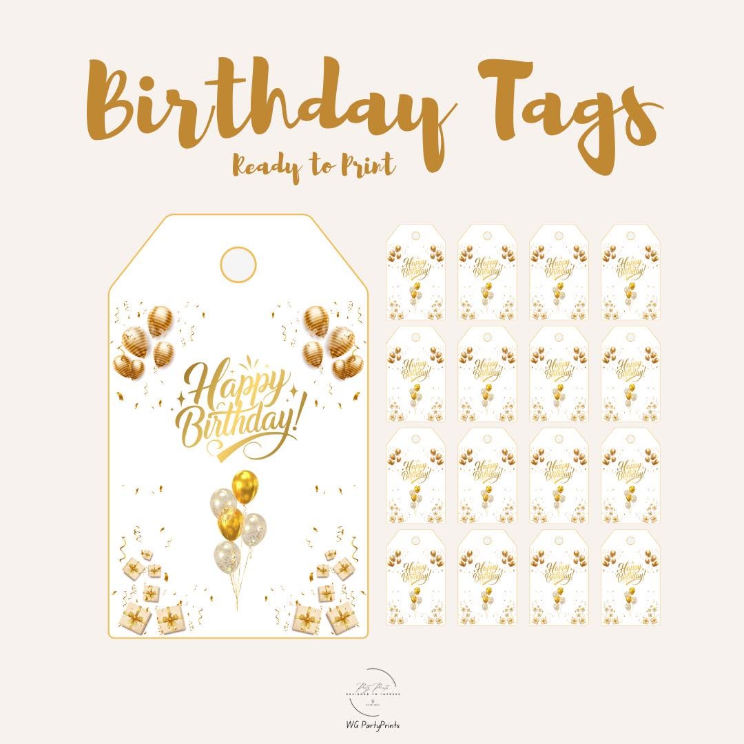 Gold Balloon Birthday Gift Tags: Printable Party Favor Labels (PDF) - Etsy