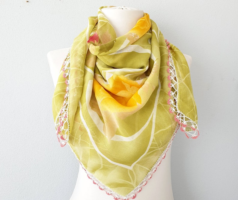 Vintage Scarf Chartreuse Green Cotton Headscarf Crochet - Etsy