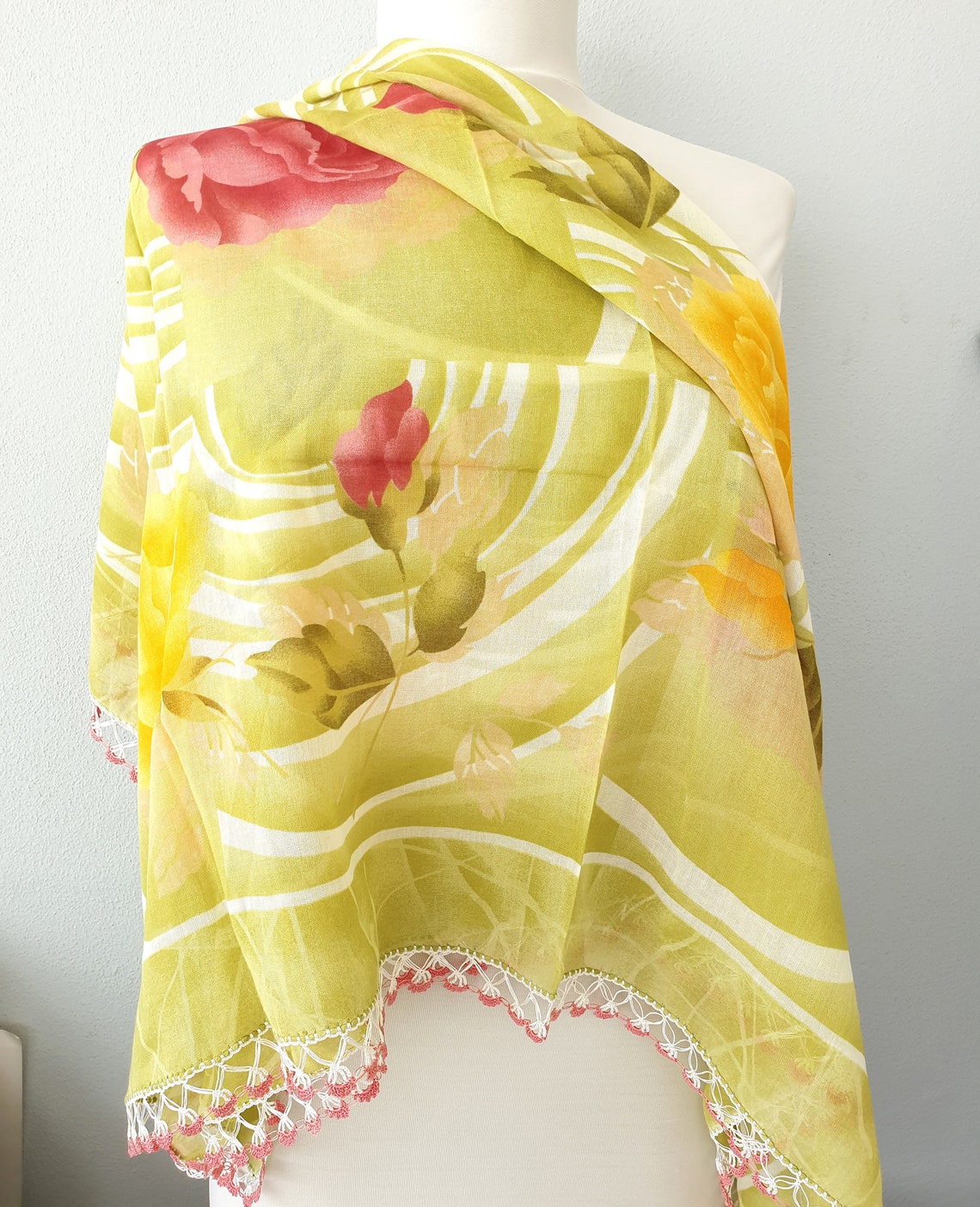 Vintage Scarf Chartreuse Green Cotton Headscarf Crochet - Etsy