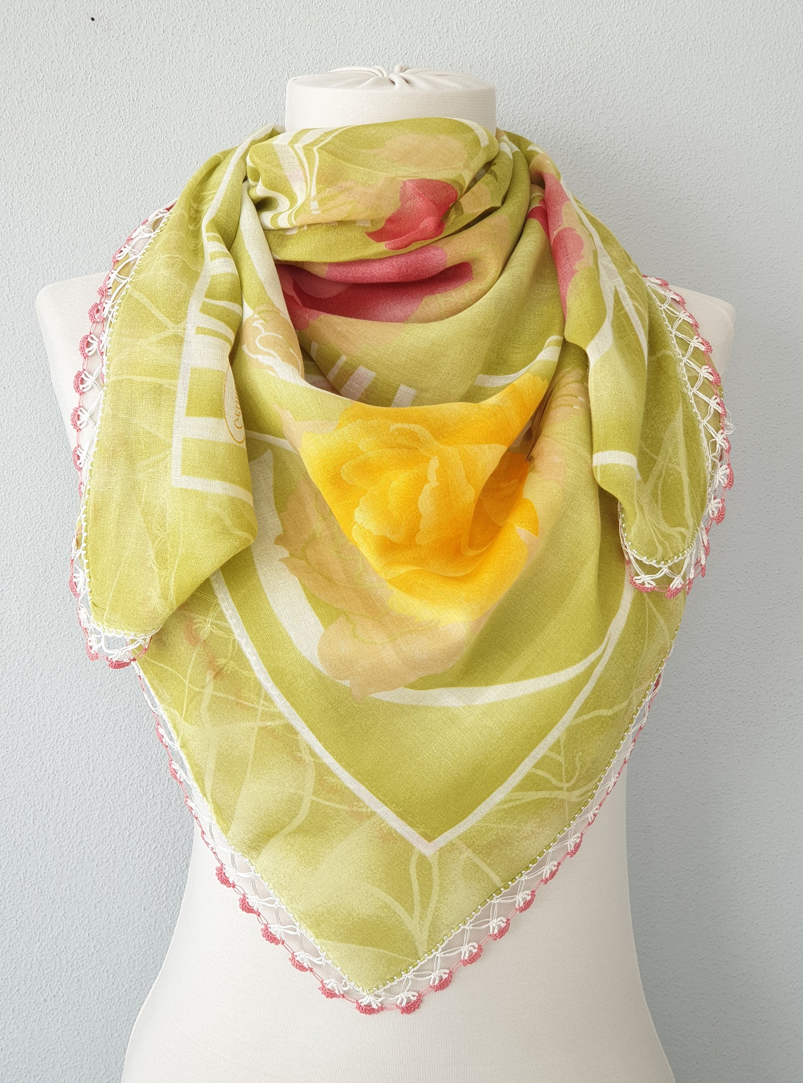 Vintage Scarf Chartreuse Green Cotton Headscarf Crochet - Etsy