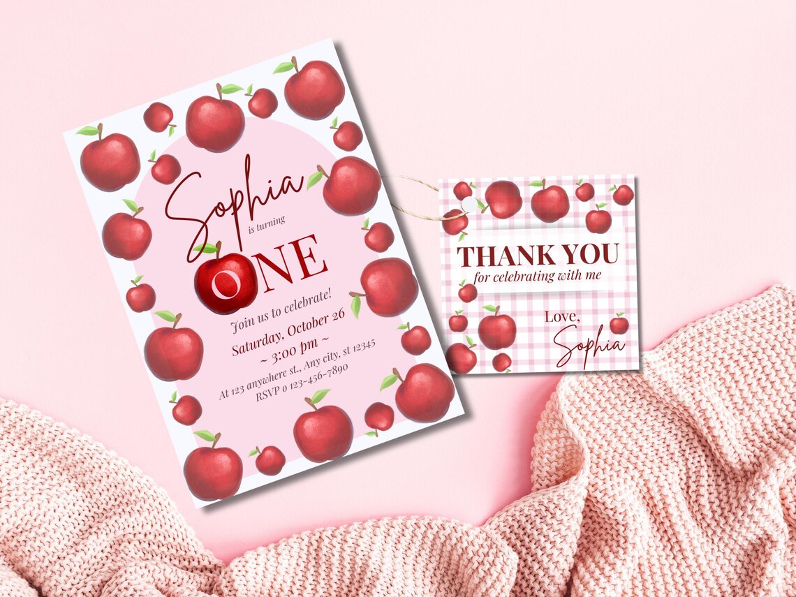 Apple Birthday Invitation: "apple of Our Eye" Girl Party (canva Digital ...