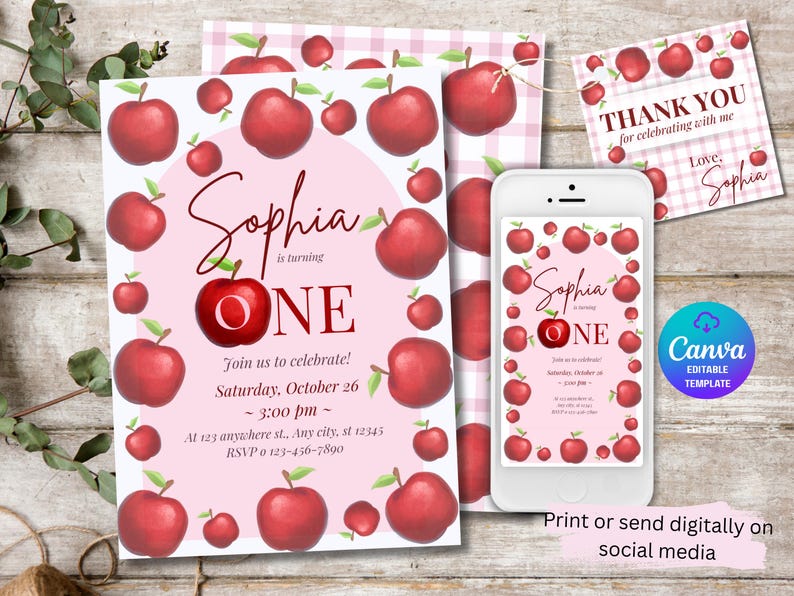 Apple Birthday Invitation: "apple of Our Eye" Girl Party (canva Digital ...