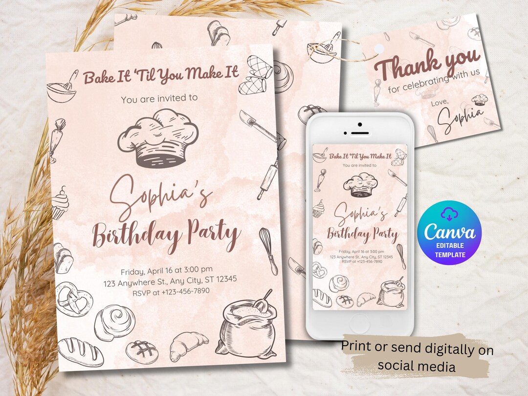 Mini Baker Birthday Invitation: Neutral Baking Party, Pencil Sketch ...