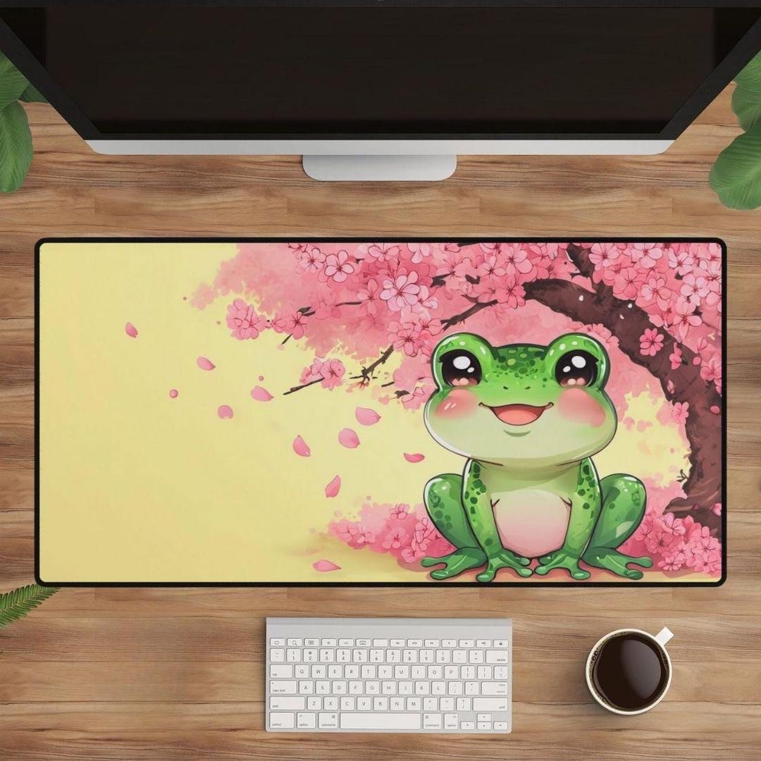Kawaii Frog Desk Mat, Cute Cherry Blossom Mouse Pad, Gaming Mat, Artist ...