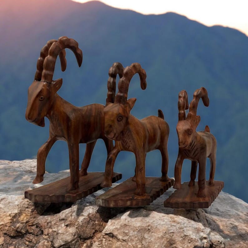 Wooden Markhor Set, Handmade Sculpture, Wood Carving Figure, Markhor ...