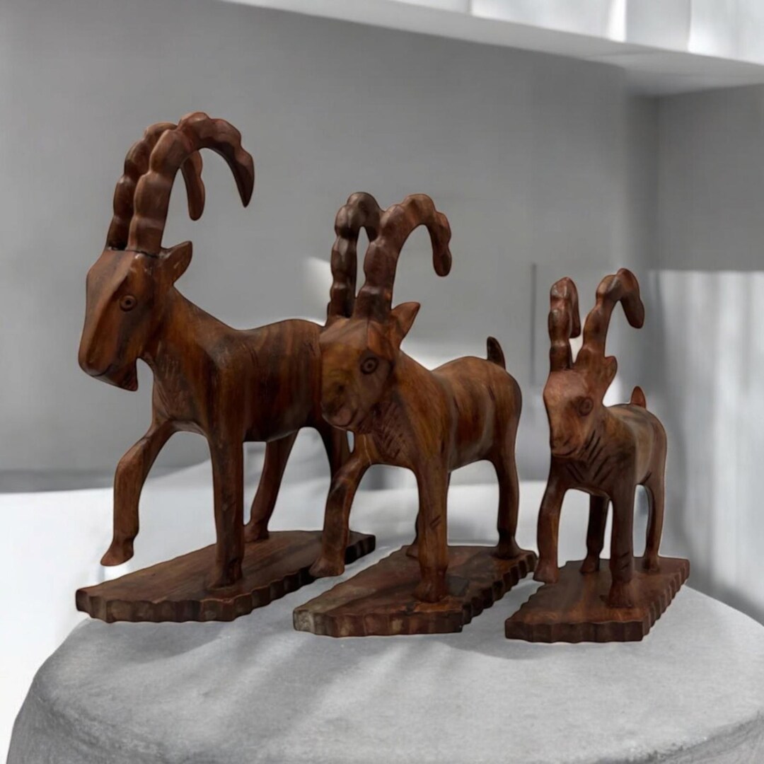 Wooden Markhor Set, Handmade Sculpture, Wood Carving Figure, Markhor ...