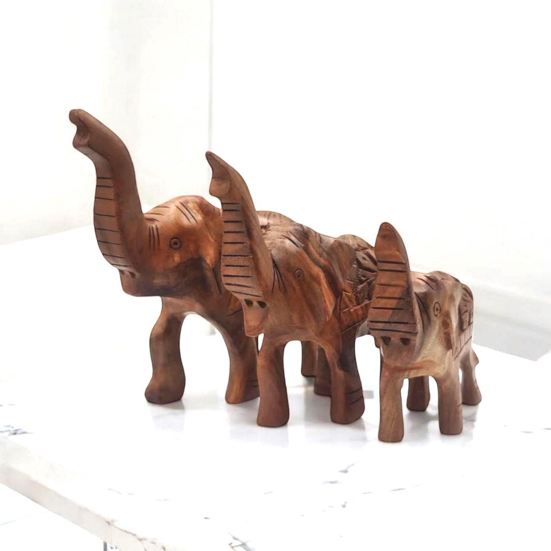 Wooden Elephant Family Set, Handmade Sculpture, Wood Carving Figure ...