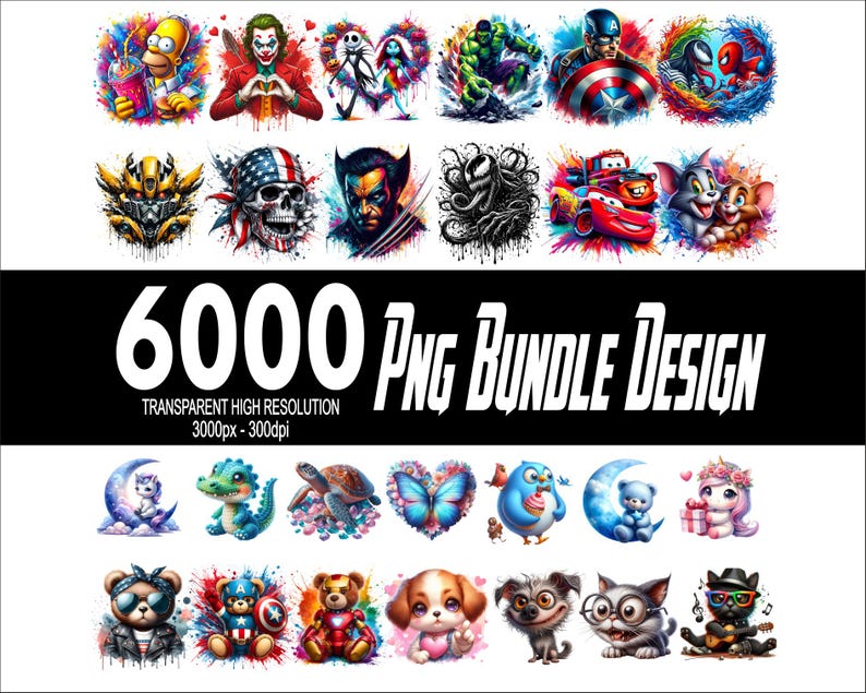 BUNDLE Heroes and Cartoons 6000 PNG Designs: T-shirt & Clipart Bundle ...