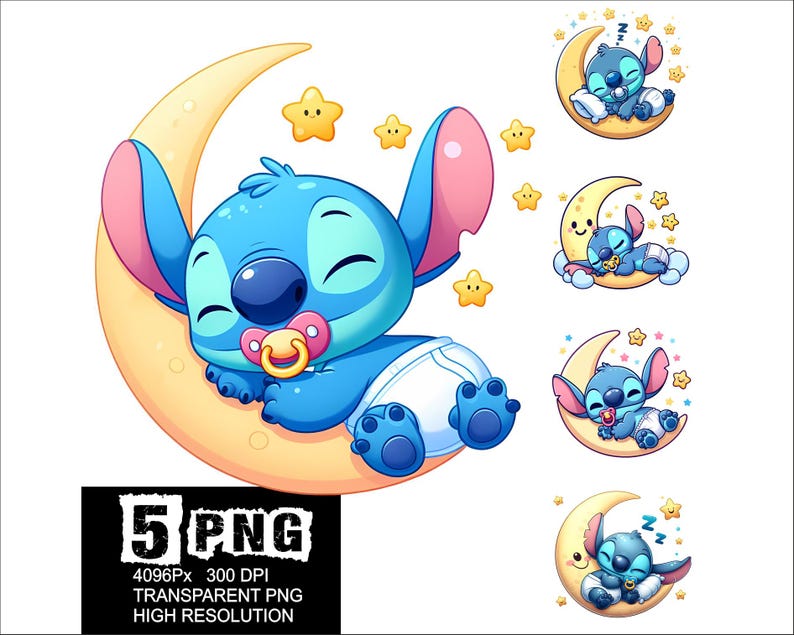 Baby Stitch Clipart: Sleeping Cartoon Design (5 PNG Digital Files) - Etsy