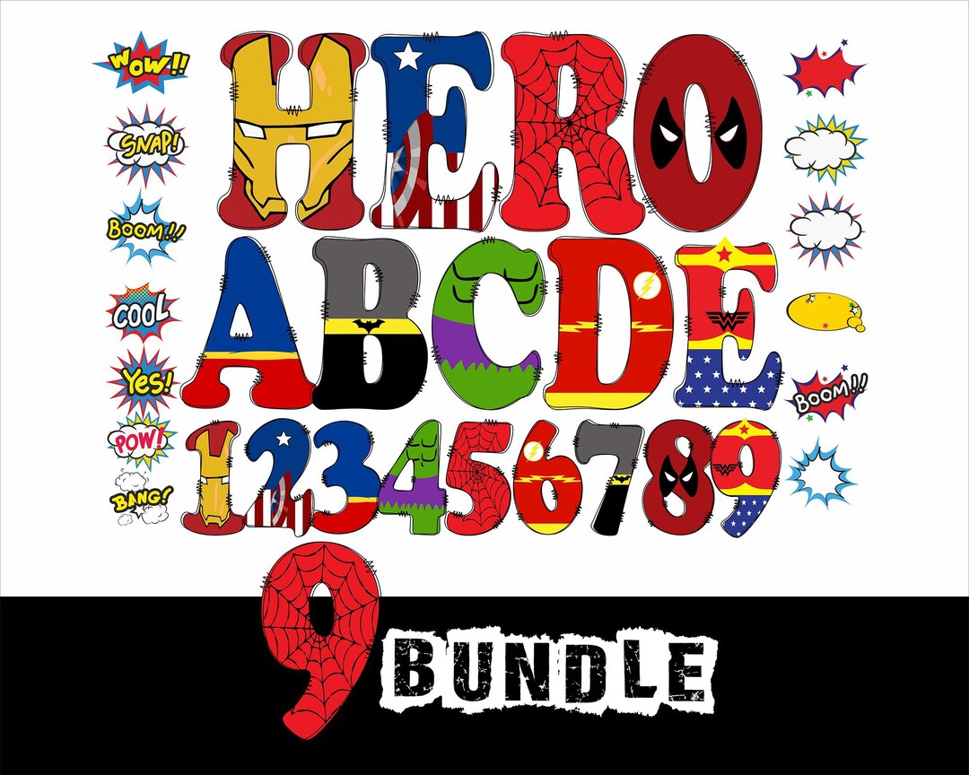9 Bundle Superhero Alphabet Svg Png Avanger Hero Letters Super Hero ...