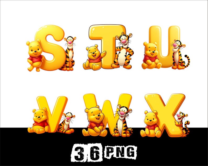 Cartoon Pooh and Tiger Alphabet Png Design Pooh Png Font Party Letters ...