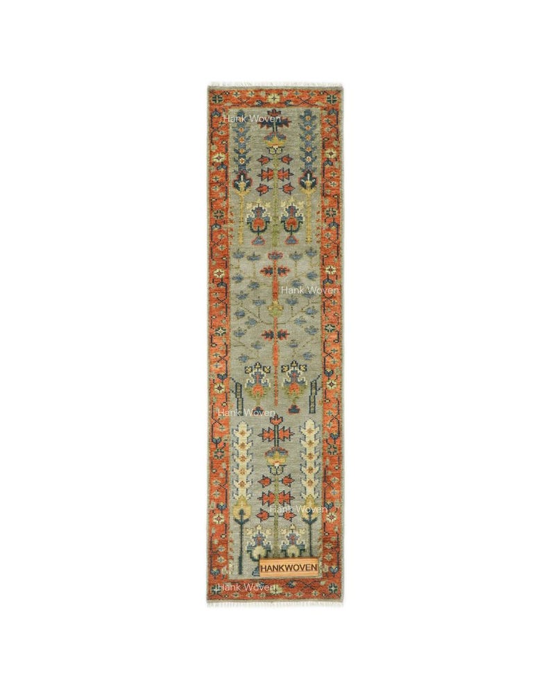 Gray Rust Runner Rug: Hand Knotted Traditional Tree of Life Turkish ...