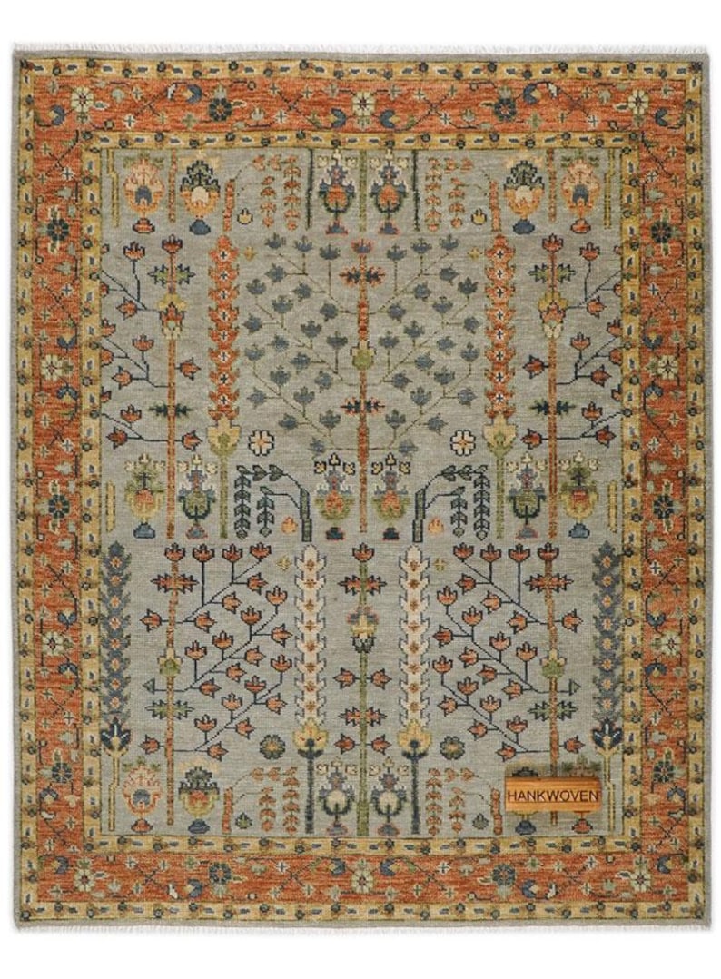 Gray Rust Runner Rug: Hand Knotted Traditional Tree of Life Turkish ...