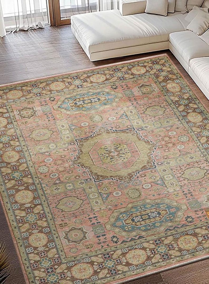 Faded Pink Persian Style Rug: Hand-knotted Wool Medallion Motif - Etsy