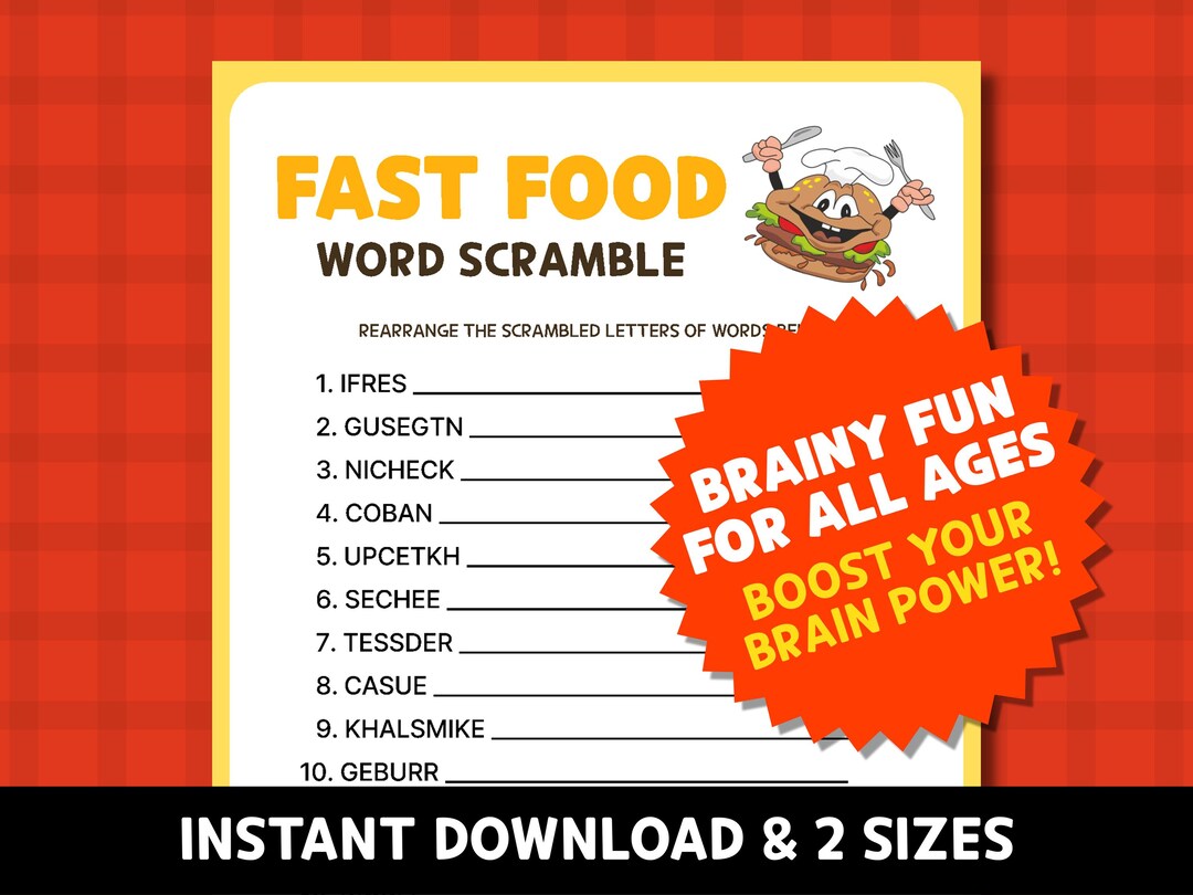 Fast Food Word Scramble Games, Printable Food Quiz, Game Night for Kids ...