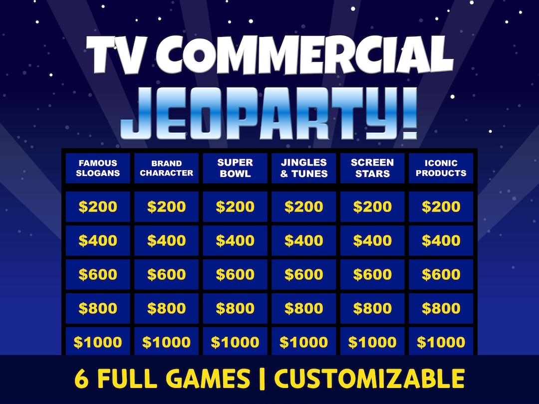 Editable TV Commercial Trivia Jeopardy Game, Family Night Office Party ...