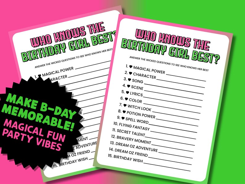 WKB Wicked Theme Party Game Printable - Who Knows the Birthday Girl ...
