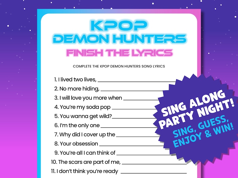 Finish the Lyrics Kpop Demon Hunters Party Games Printable - Hunterween ...