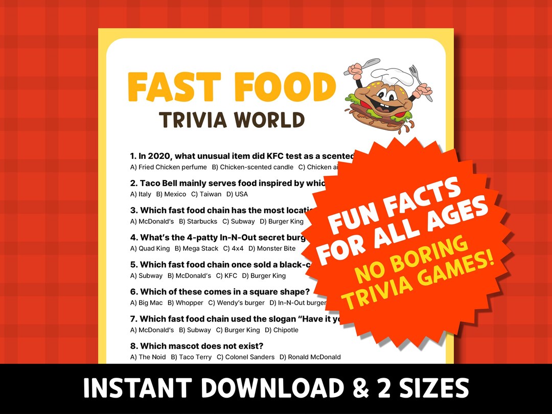 Fun Fast Food Trivia Games, Printable Holiday Food Quiz, Game Night for ...
