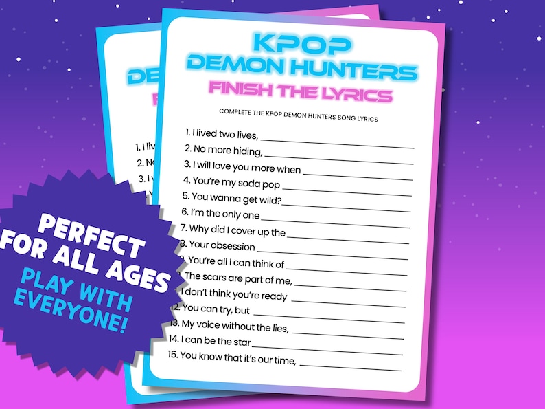 Finish the Lyrics Kpop Demon Hunters Party Games Printable - Hunterween ...