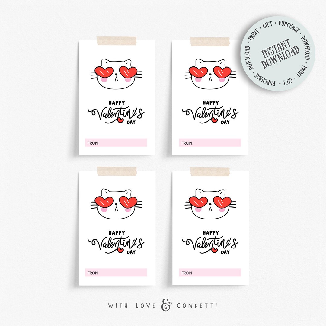 Cute Cat Valentine's Day Printable Cards, Instant Download Cat ...
