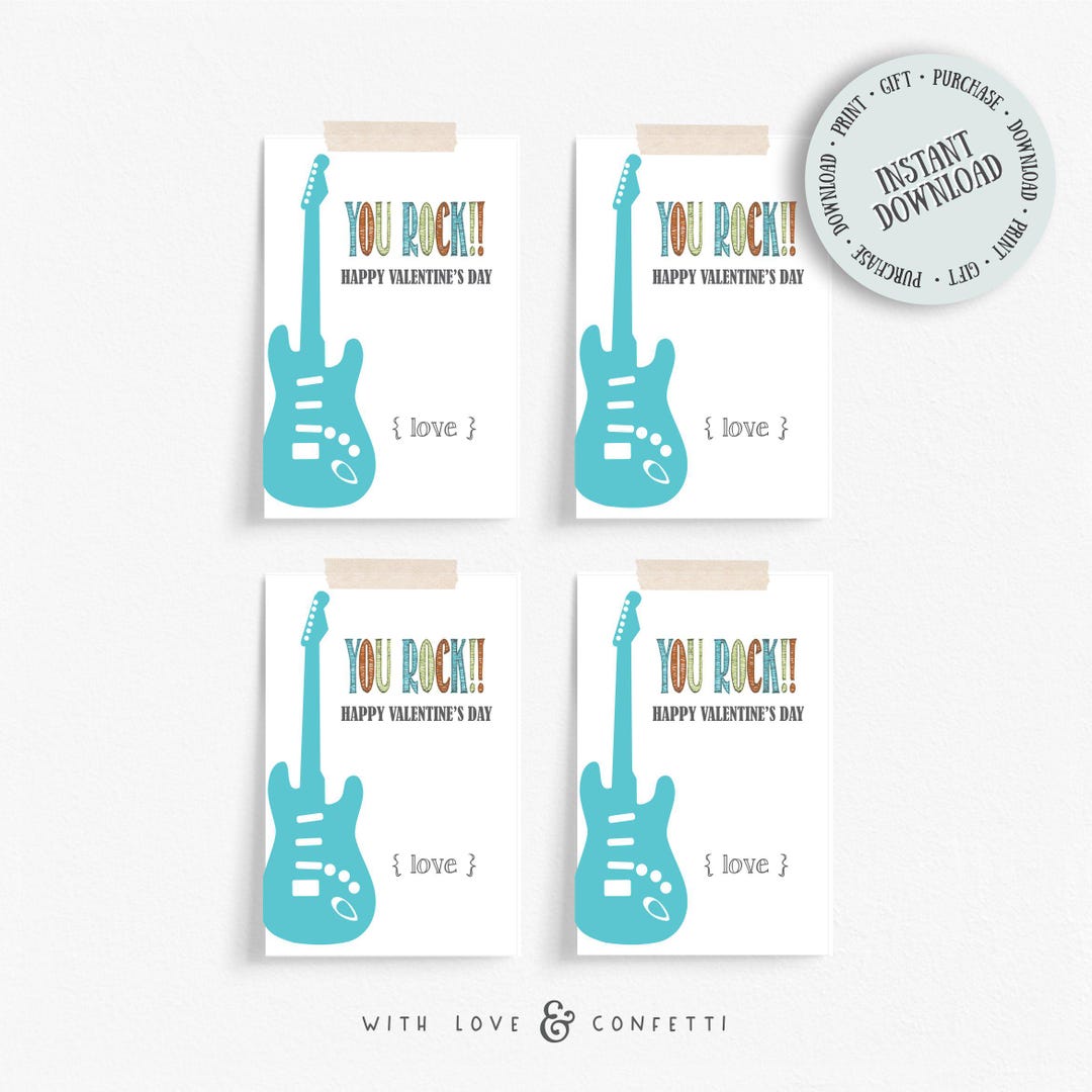 You Rock Valentine Printable Cards, Rock & Roll Valentine, Guitar ...