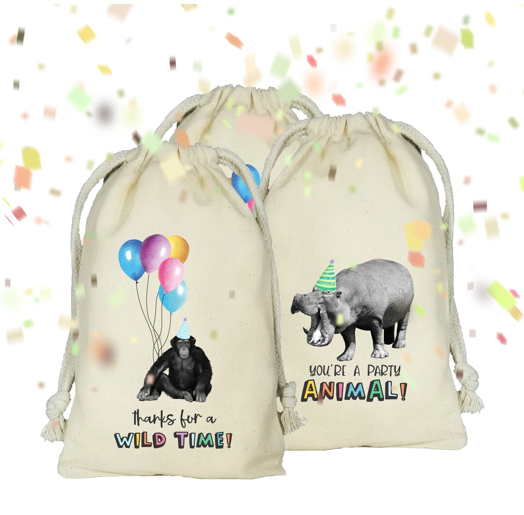 WILD ANIMALS With Party Hats, Set of 10 Personalized Favor Bags, Zoo ...