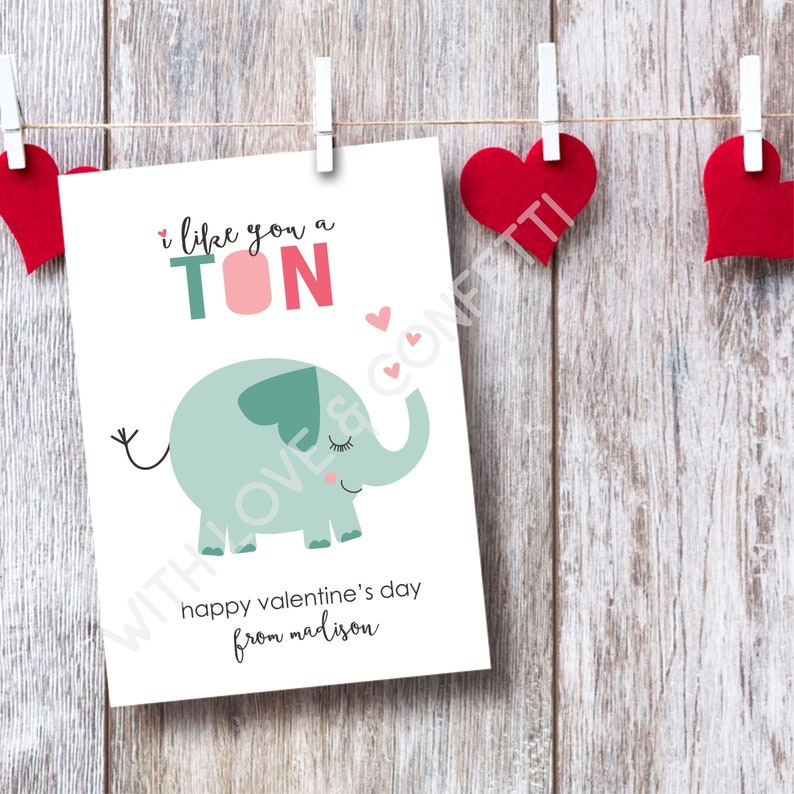 ELEPHANT Valentine I Like You a TON Personalized Valentine - Etsy