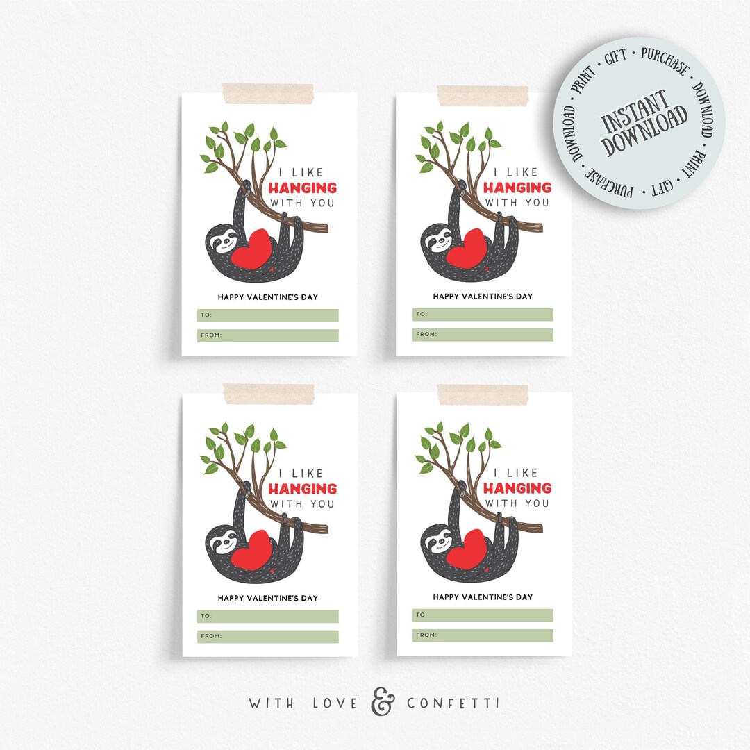 Sloth Valentine's Day Cards, Classroom Valentine's Day Cards, Instant ...