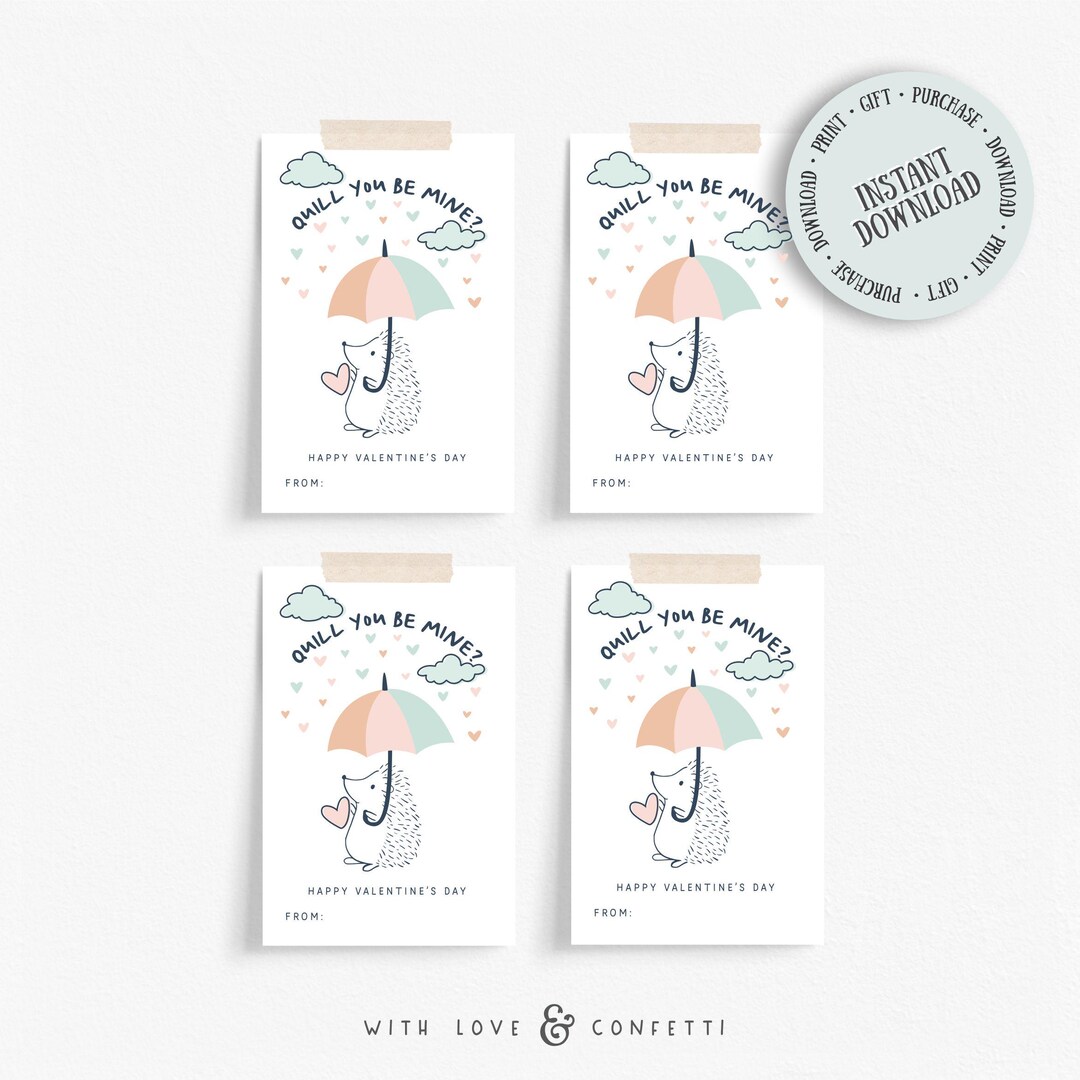 Cute Valentines Day Printable Cards, Hedgehog Valentines Cards, Quill ...