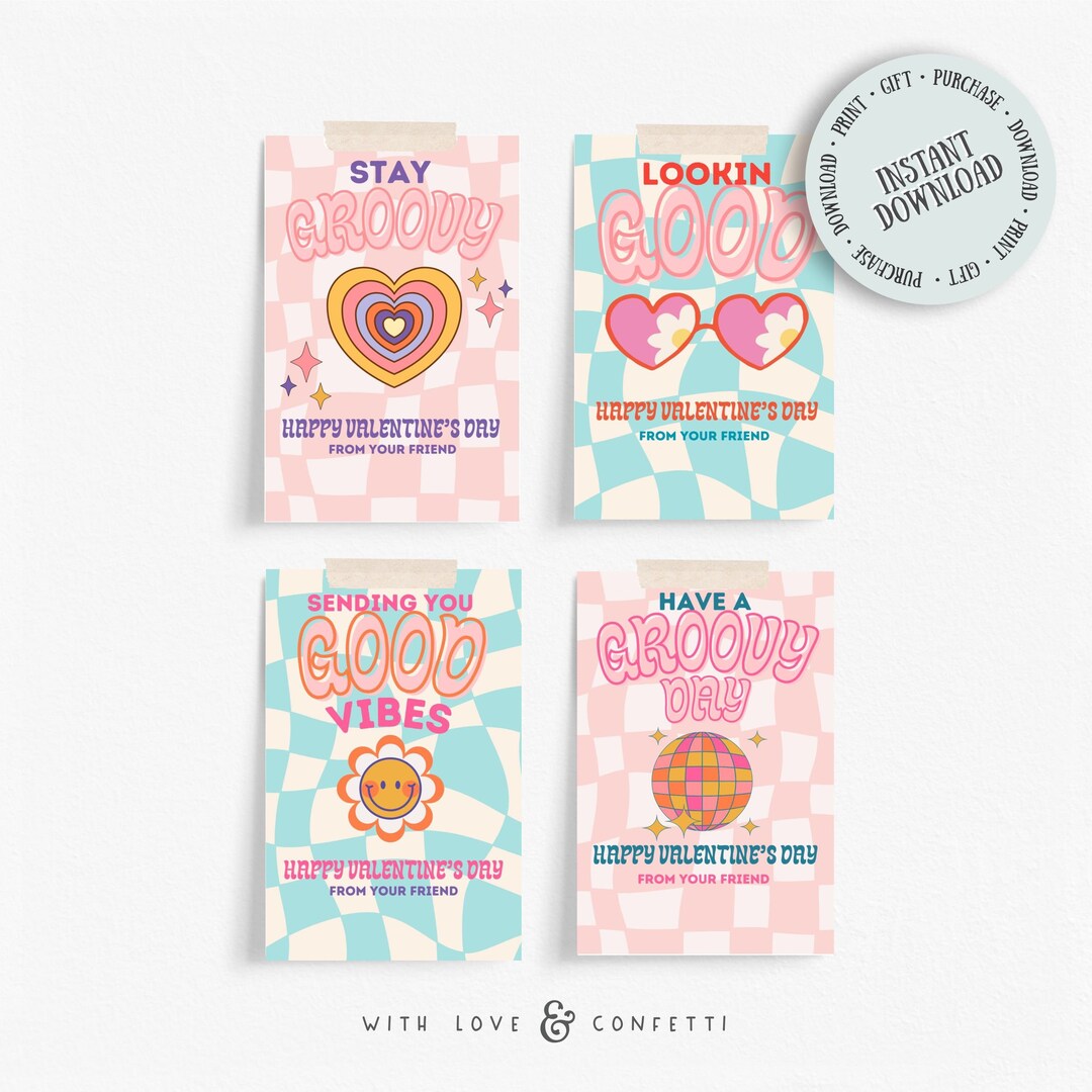 GROOVY Valentine's Day Cards, Classroom Valentine's Day Cards, Instant ...