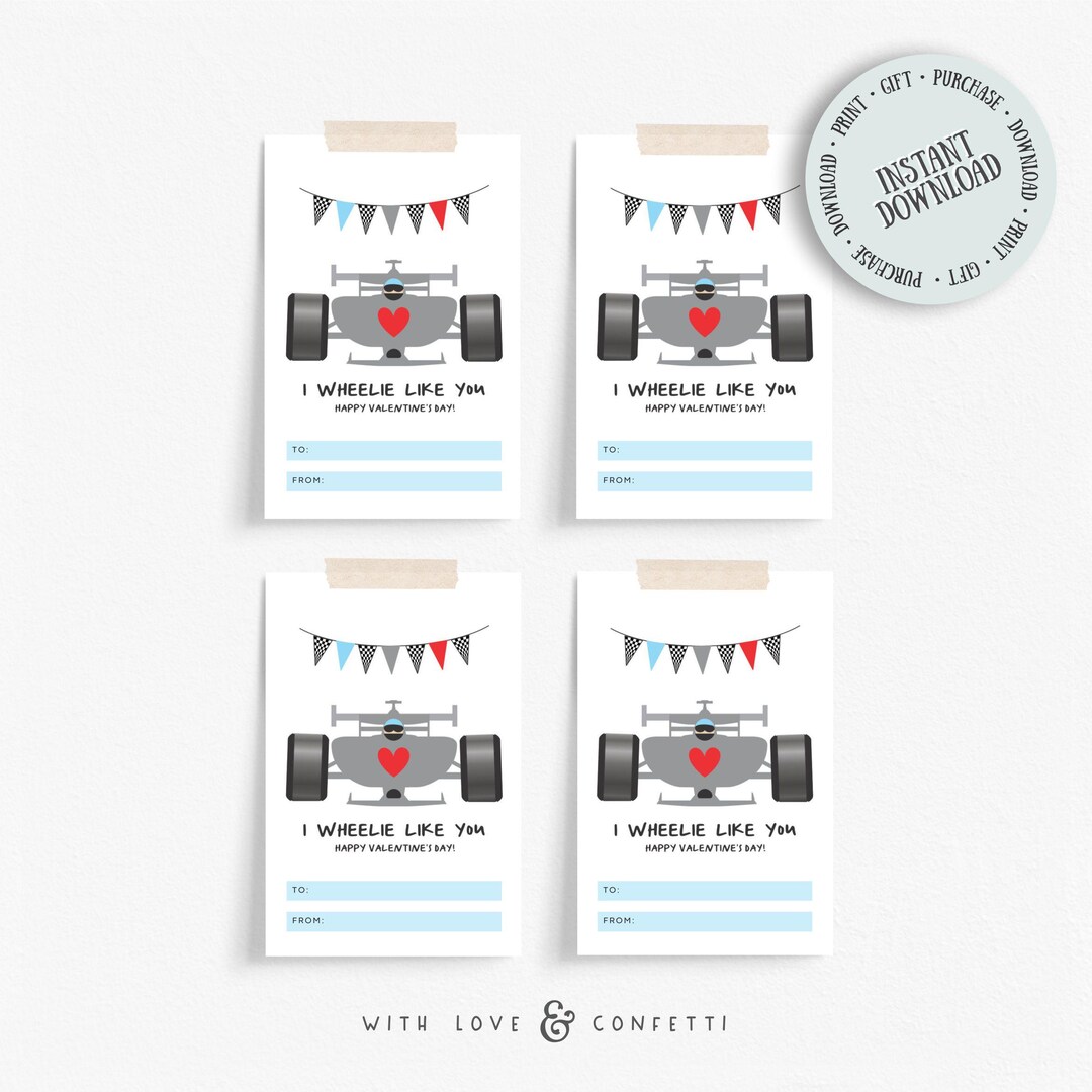Race Car I Wheelie Like You Valentine's Day Cards, Modern Classroom ...