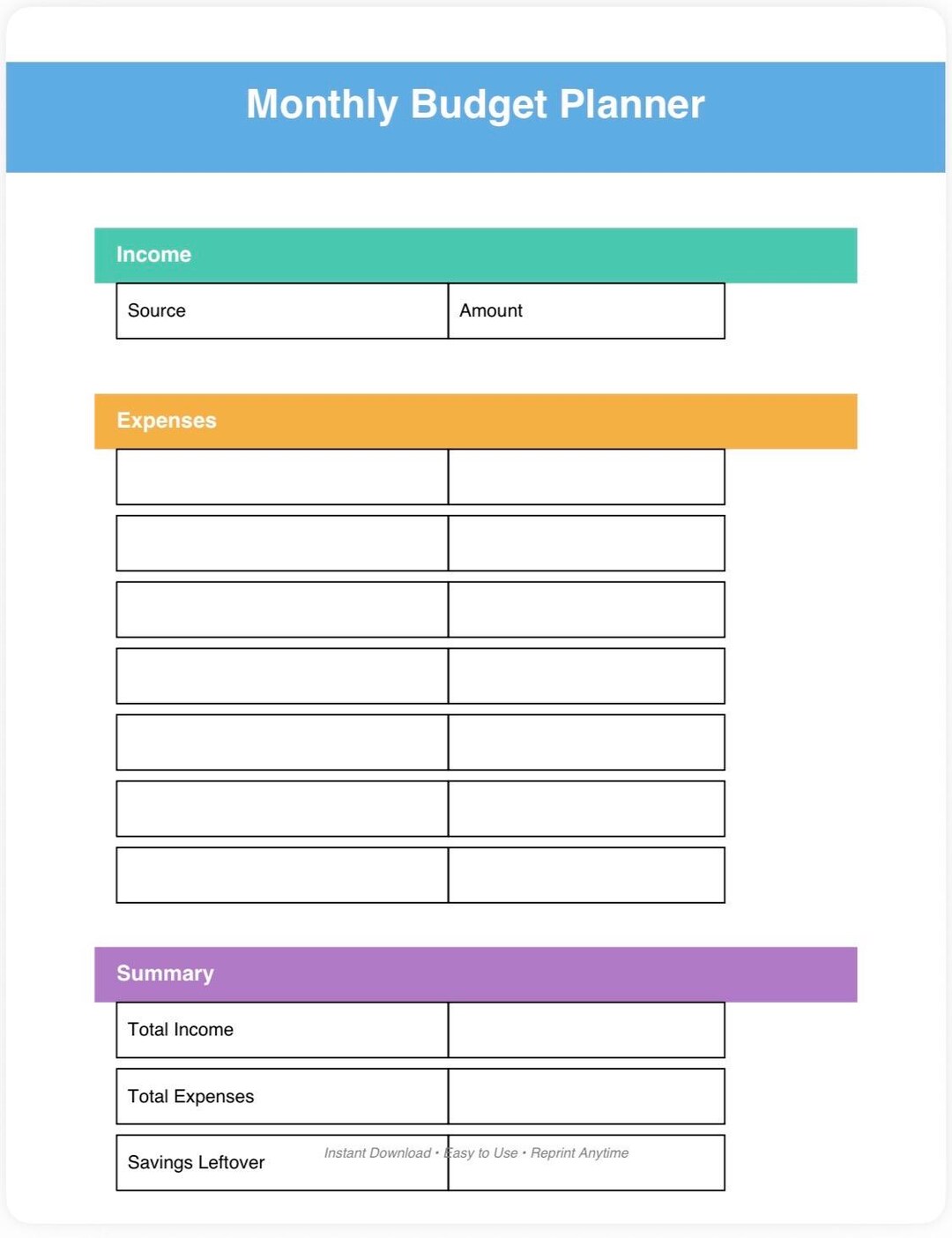 Monthly Budget Planner Printable | One Page Budget Sheet | Expense ...