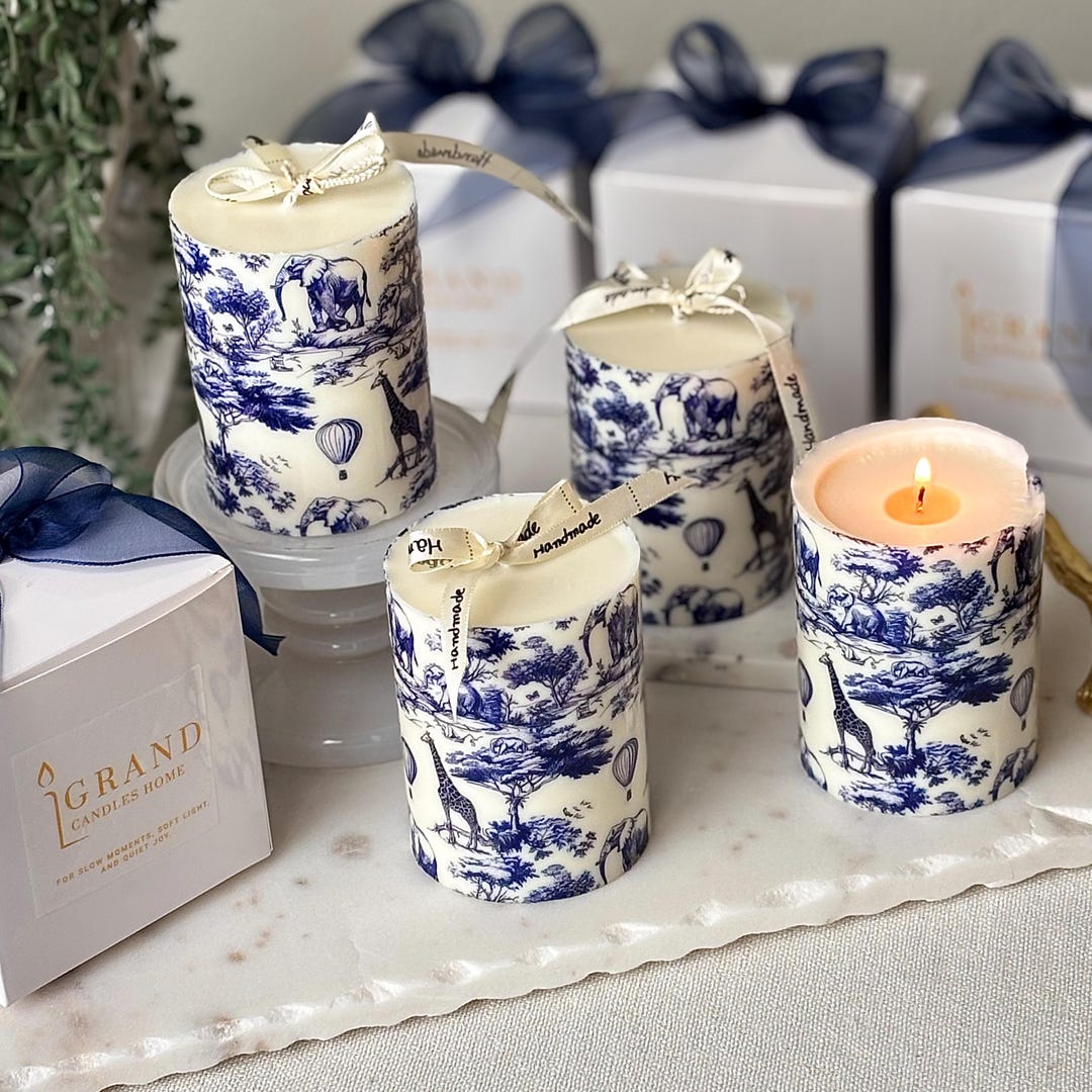 Vintage Candle Blue White Toile Design Handmade Decorative Gift Animal ...