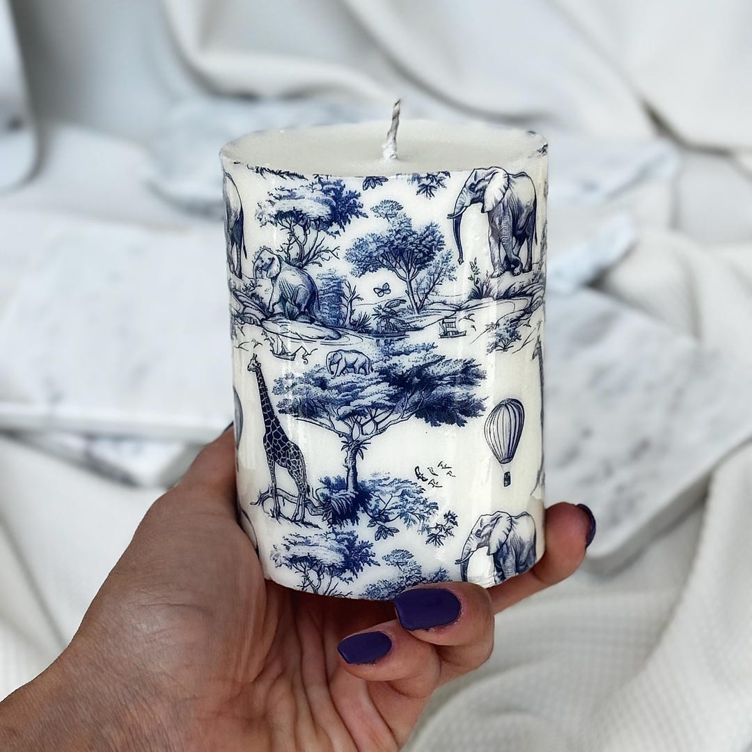 Safari Toile Candle Blue White Elegant Pillar Candle Coffee Table Gift ...
