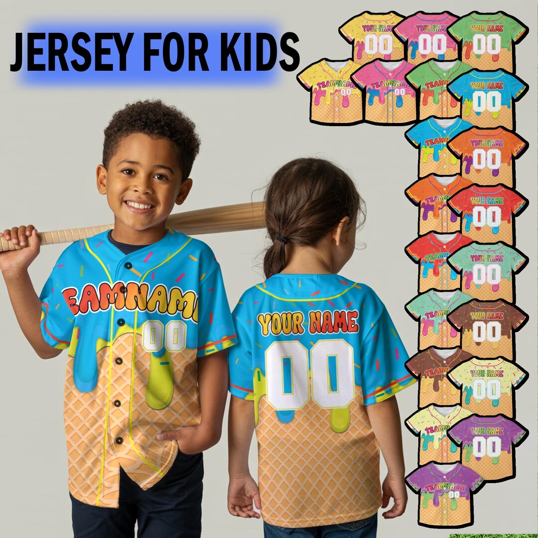 Ice Cream Drip Waffle Cone Kids Baseball Jersey Custom Personalized for ...